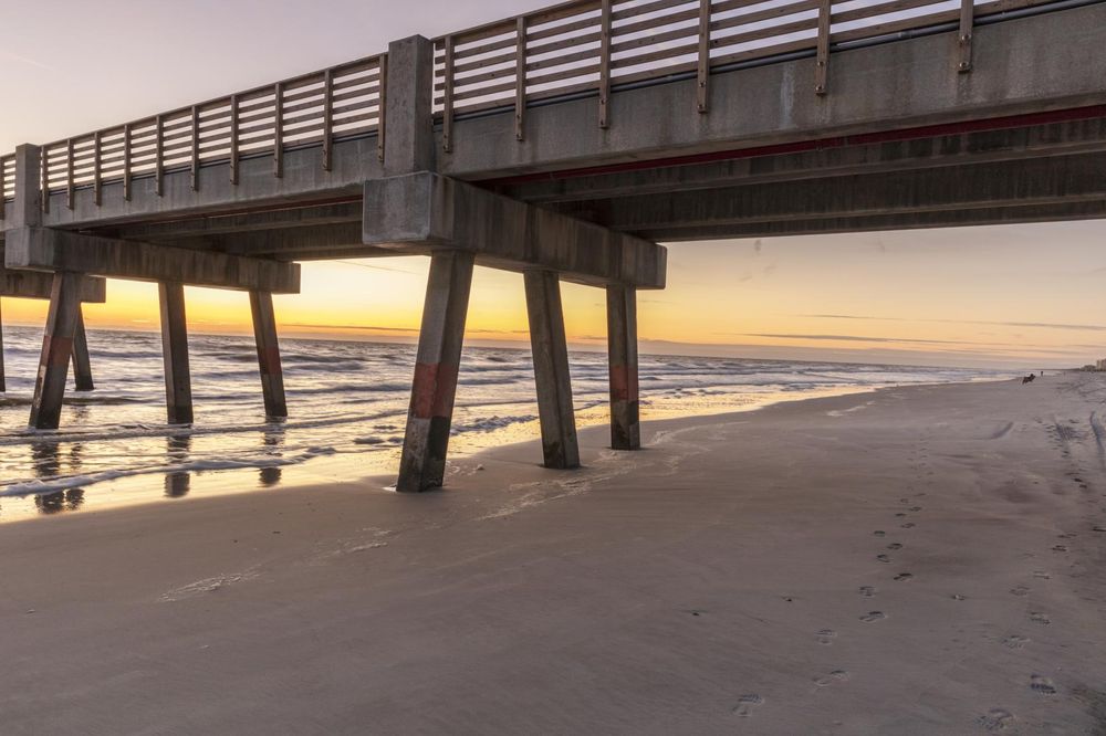 Dawn on the Coastal Shore with Bridge and Pier in Florida, USA - HDRi ...