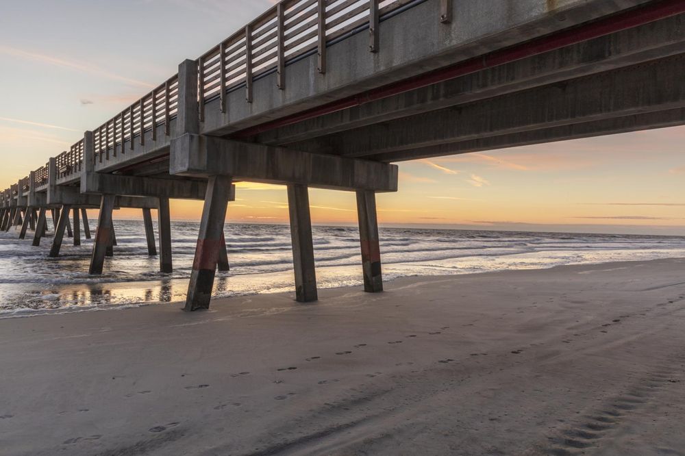 Dawn on the Coastal Shore with Bridge and Pier in Florida, USA - HDRi ...