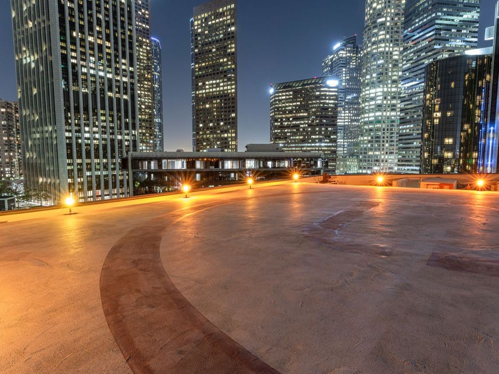 Night Cityscape with Tall Buildings and Open Space in Los Angeles, USA ...