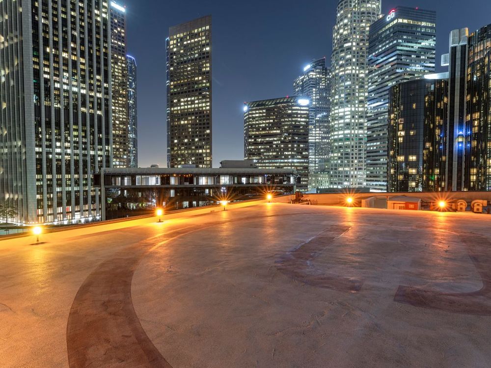 Night Cityscape with Tall Buildings and Open Space in Los Angeles, USA ...