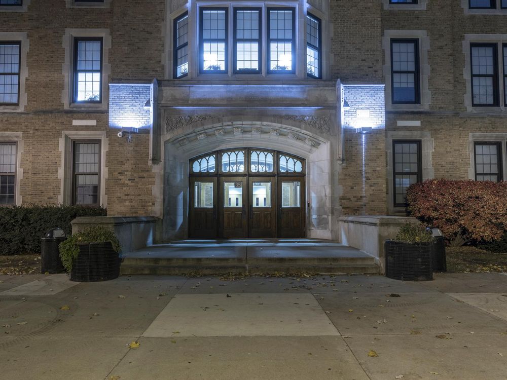 Nighttime View of Historic Brick School Building in Detroit, Michigan ...