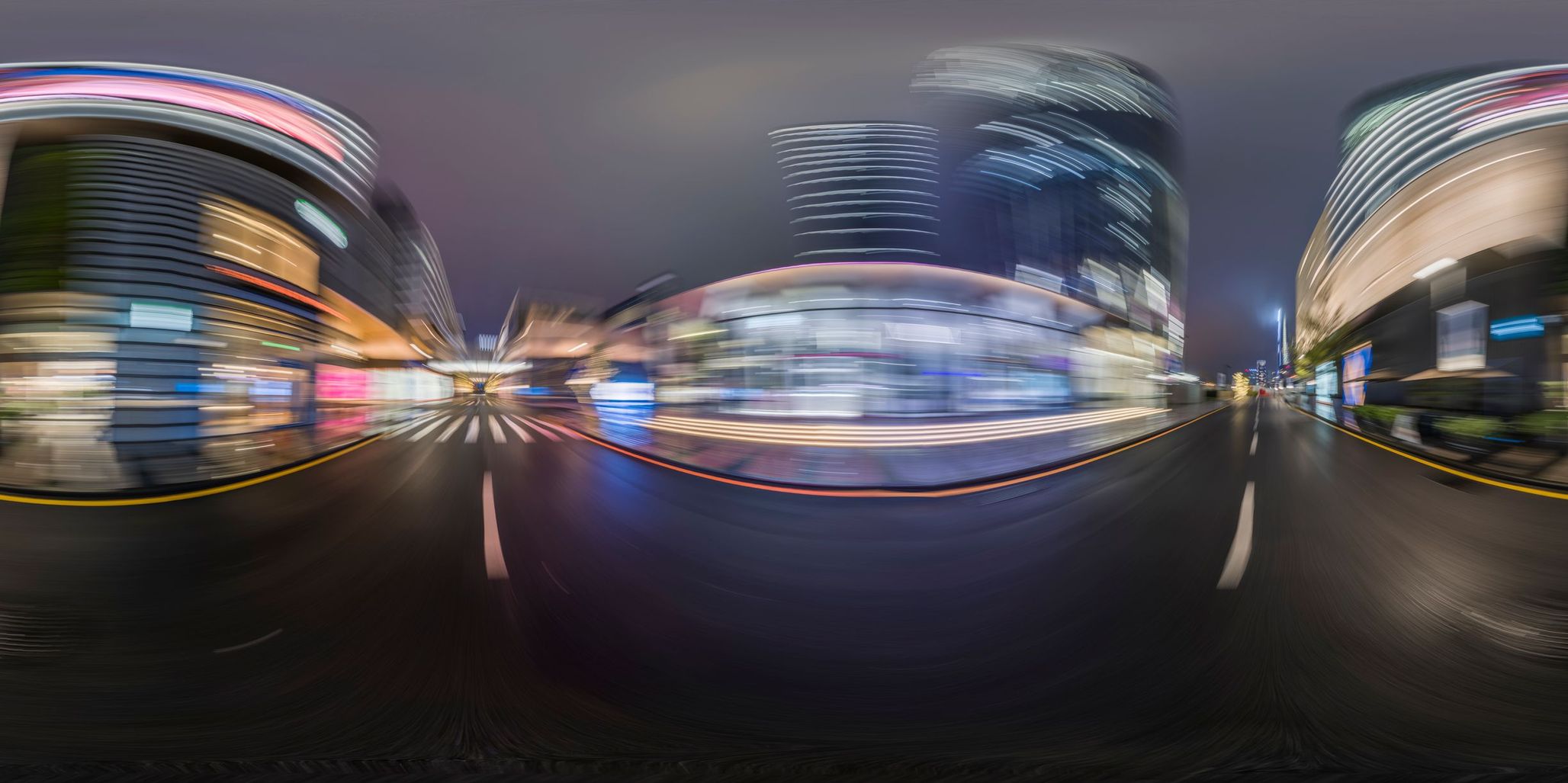 Nighttime in Downtown Chicago: Colorful Buildings and Blurred Streets ...