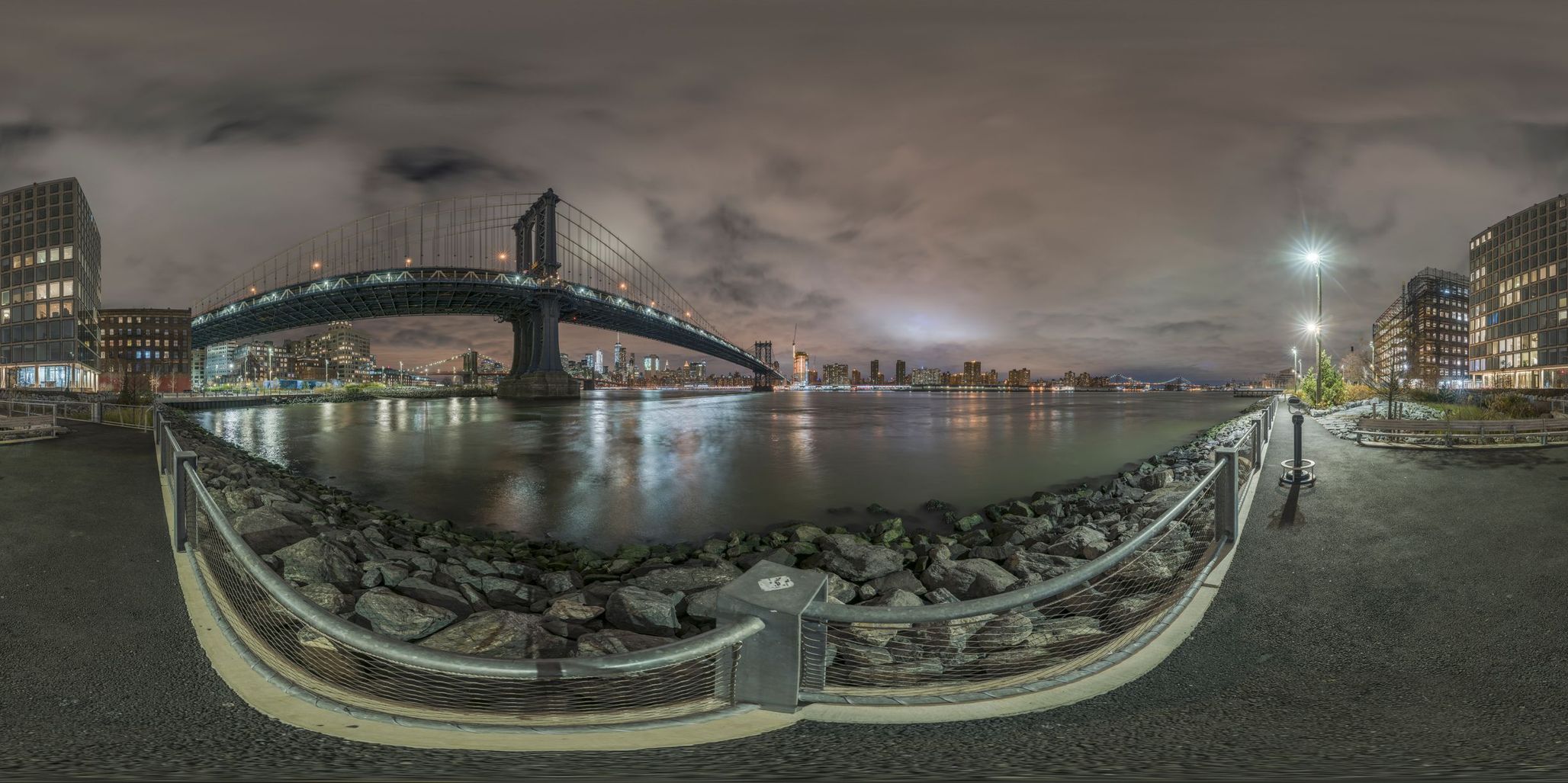 Nighttime Manhattan Cityscape: Bridge Over Water - HDRi Maps and Backplates