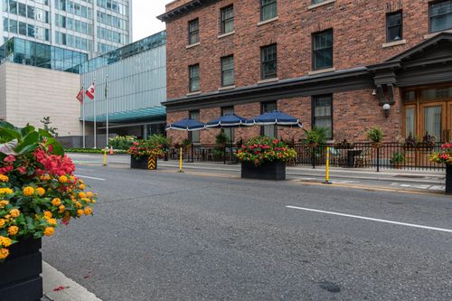 Cityscape with Flowered Planters and Paved Road in Toronto, Canada ...