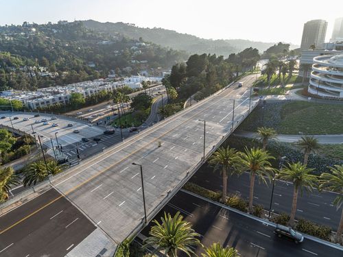 Los Angeles Aerial View of Freeway and Palm Trees