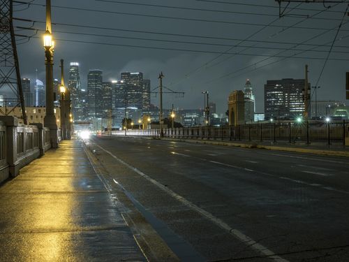 Nighttime in Los Angeles: Cityscape with Rainy Streets and Bright ...