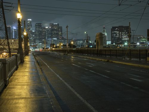 Nighttime in Los Angeles: Cityscape with Rainy Streets and Bright ...