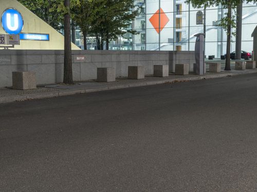 Urban Design in City Thoroughfare with Large Building, Trees, and Road ...