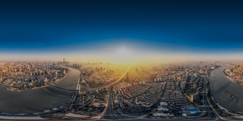 Aerial View of Shanghai's Modern Cityscape at Dawn HDRi Maps and Backplates