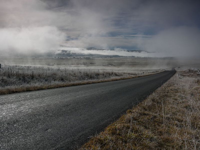 Rural Landscape with Foggy Road and Grey Sky HDRi Maps and Backplates