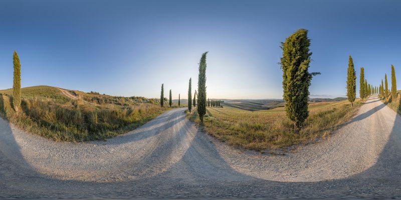Sunrise on the Dirt Road in Tuscany, Italy HDRi Maps and Backplates