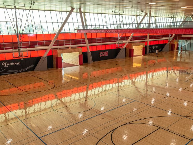 Aerial View of a California Gym with Tall Windows and Wooden Floors ...