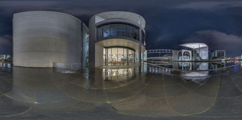 Berlin Night: Glass Office Building Illuminated HDRi Maps and Backplates