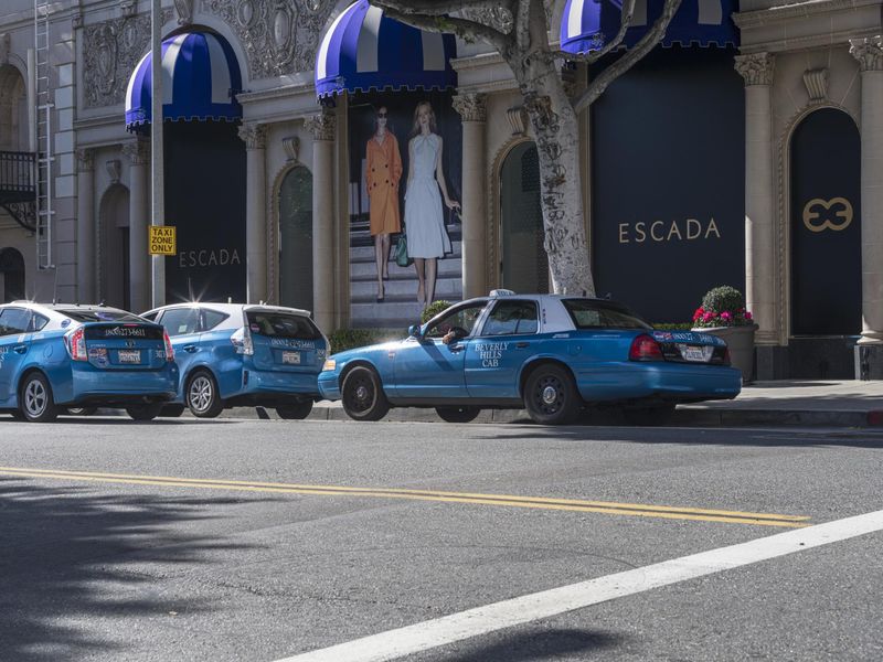 Blue Taxis Parked on City Road Outside Store Front of Escada HDRi Maps ...