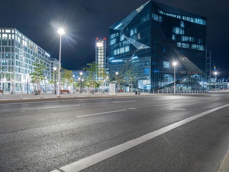 City Life in Berlin Financial District Lights HDRi Maps and Backplates