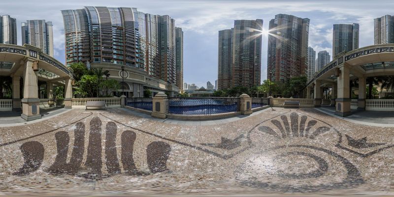 City Pool Surrounded by Buildings with a Clock HDRi Maps and Backplates