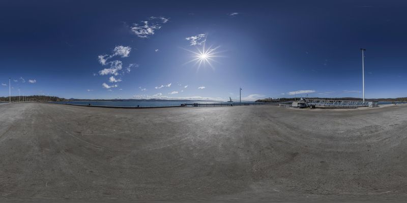 Coastal Harbor: Boat and Pier Against a Blue Sky HDRi Maps and Backplates