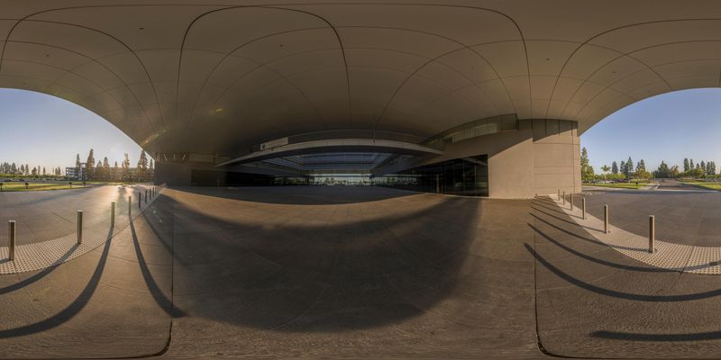Curved Building with Walkway: Outdoor Parking Area HDRi Maps and Backplates