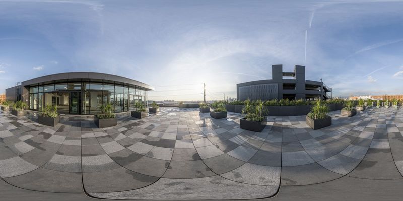 Dawn Urban Cityscape with a Green Roof - HDRi Maps and Backplates