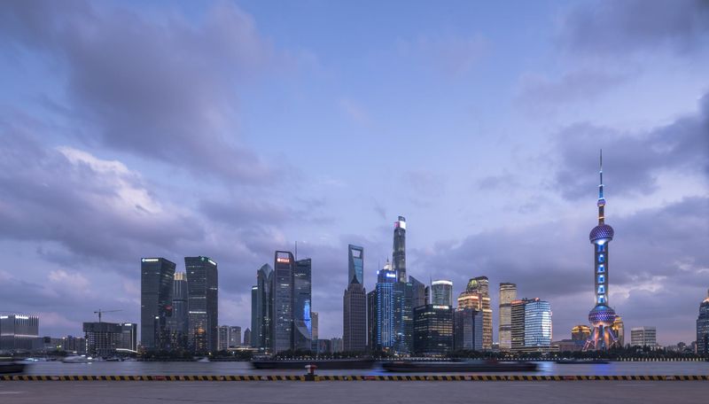 Dusk Skyline View of Shanghai Cityscape HDRi Maps and Backplates