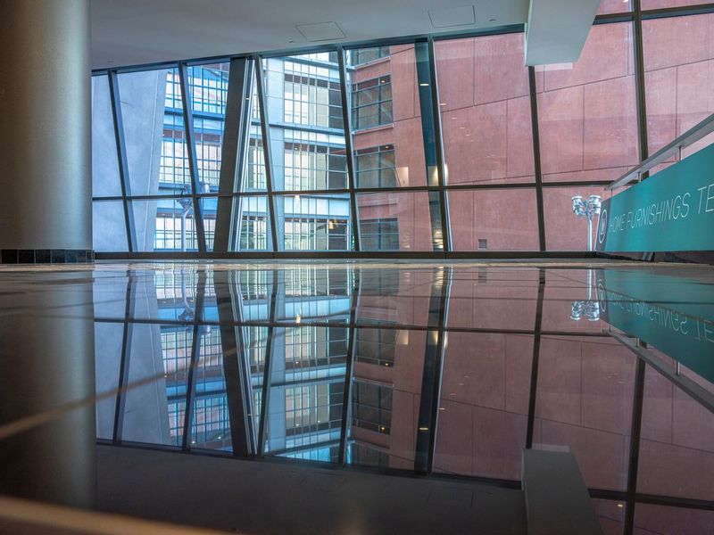Empty Glass Platform in Urban Atrium with City Reflection, Los Vegas ...