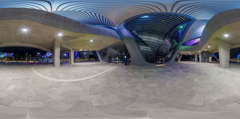 Futuristic Museum Building at Night: Entrance with Curved Roof HDRi ...