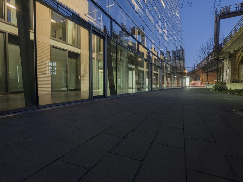 Germany Urban Dawn Over Large Glass Building HDRi Maps and Backplates