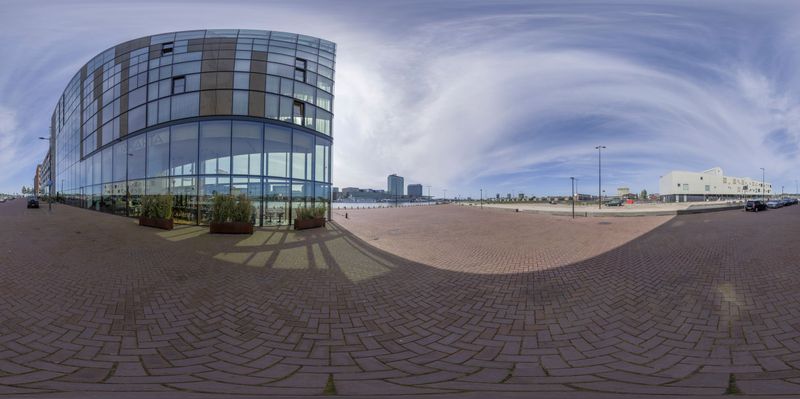 A Glass Building in Holland: A Clear Sky View HDRi Maps and Backplates