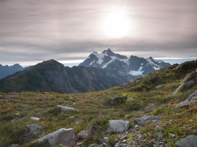 Hikers Trekking Down High Alpine Mountains at Sunset, California, USA ...