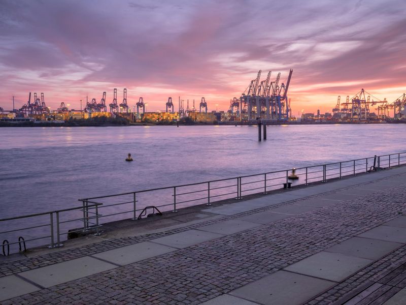Large Container Ship at Sunset in Hamburg Harbor HDRi Maps and Backplates