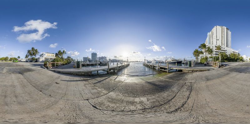 Boats in Miami Beach: Docked with City Skyline HDRi Maps and Backplates