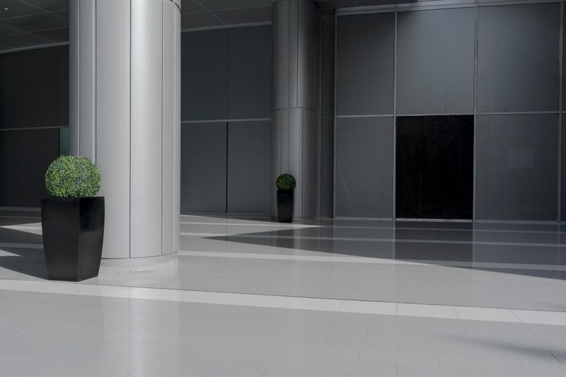 Modern Office Lobby with Planter and Glass Wall HDRi Maps and Backplates