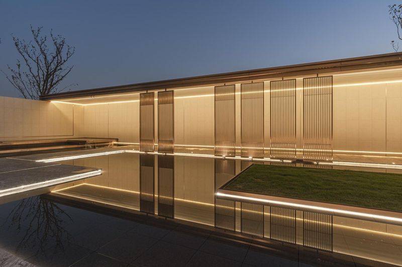 Modern Residential Building with Illuminated Pool HDRi Maps and Backplates