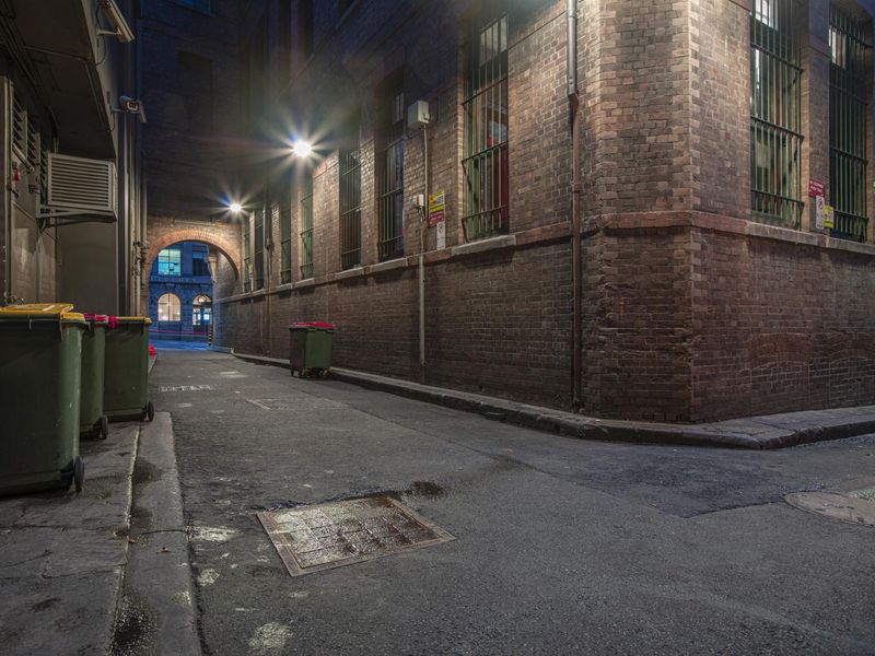 Night View of Brick Building with Street Lights HDRi Maps and Backplates