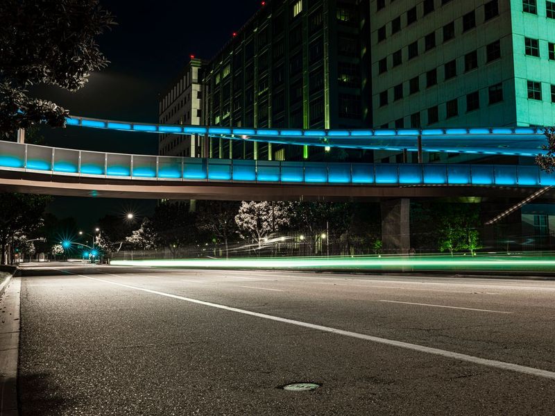 Night View of Office Buildings with Light Streaks in California, USA ...
