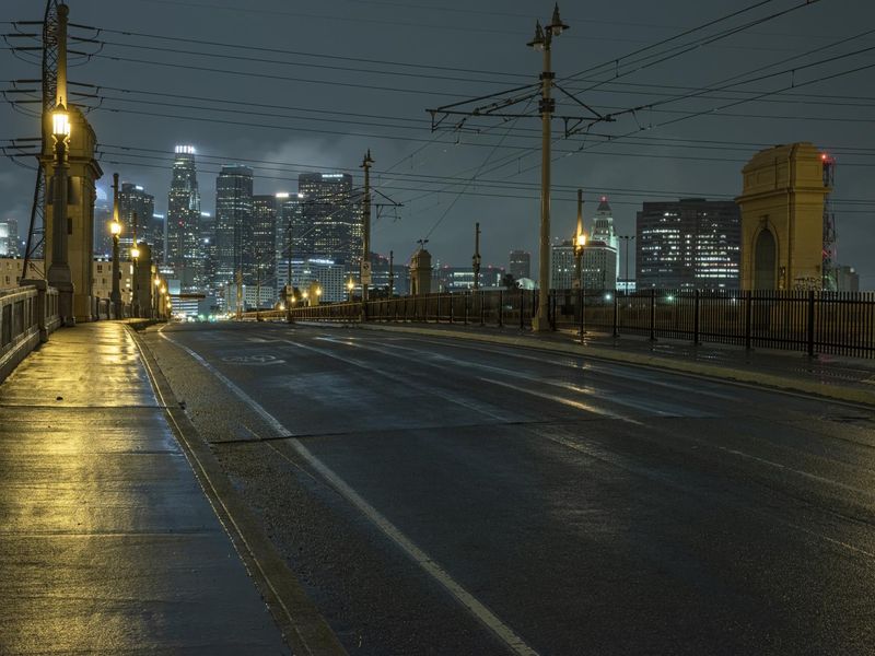 Nighttime in Los Angeles: Cityscape with Rainy Streets and Bright ...