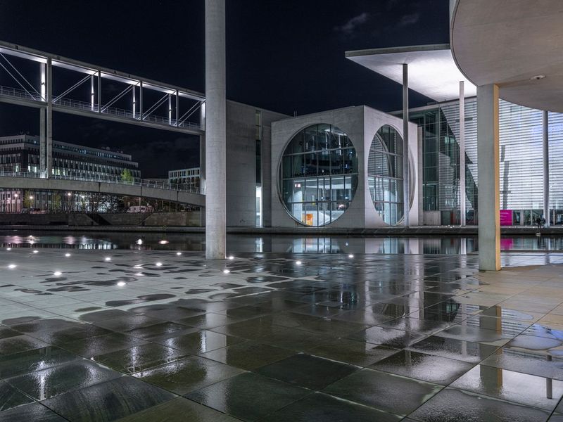 Open Space at Berlin's Canal: Night Lights on Modern Architecture HDRi ...