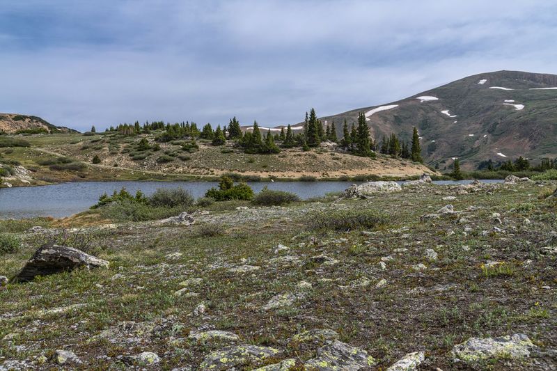 Rugged Landscape with Grassy Hillside, River, and Snowcapped Mountains ...