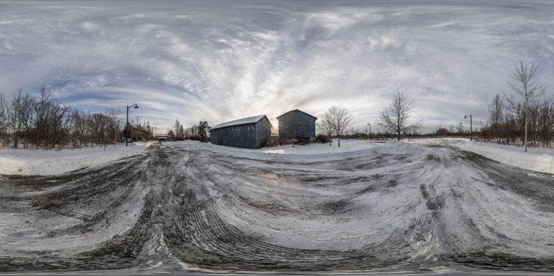 Rural Canada Road: Snow, Barn, and Cloudy Skies HDRi Maps and Backplates