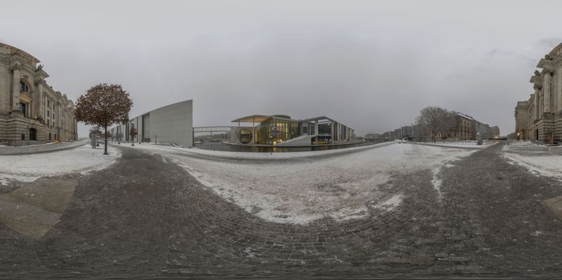 Snow-Covered Building with Urban Design HDRi Maps and Backplates