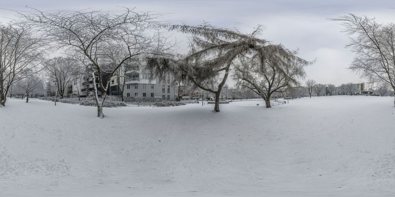 Snow-Covered City Park: A Panoramic View HDRi Maps and Backplates