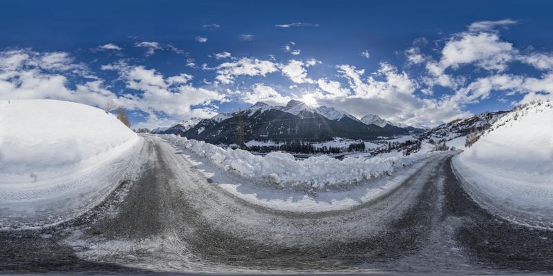 Snow-Covered Road with Mountain View HDRi Maps and Backplates