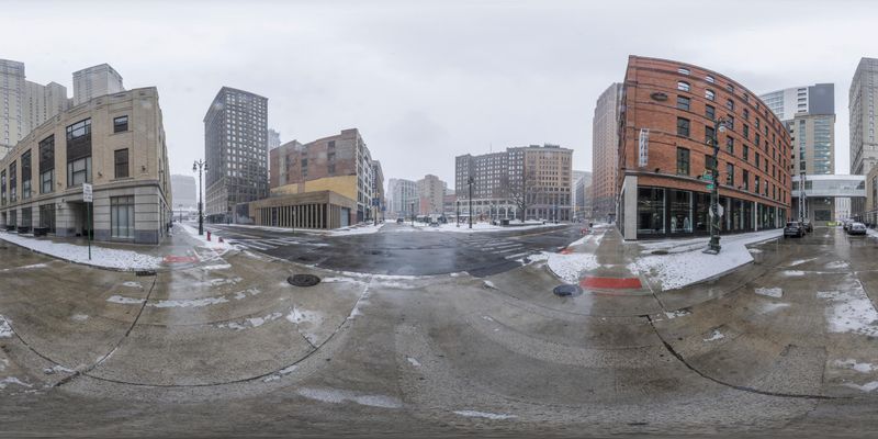 Snow-Covered Town Street in Detroit, USA HDRi Maps and Backplates