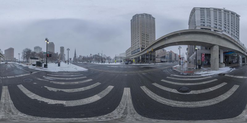 Snowy Roads and Cars in the City Center of Detroit HDRi Maps and Backplates