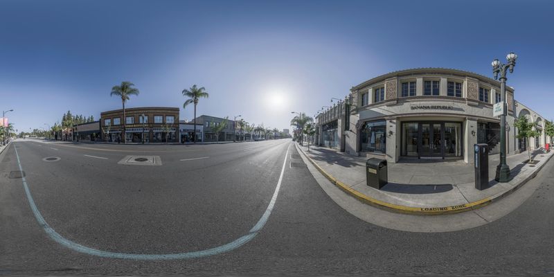 Sunny City: A Vibrant Shopping Street Corner HDRi Maps and Backplates