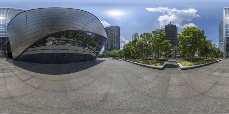 Taipei City High-Rise Building: Tree-Lined Plaza HDRi Maps and Backplates