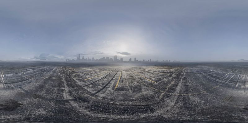 Urban Cityscape at Dawn: A Foggy View from Above HDRi Maps and Backplates