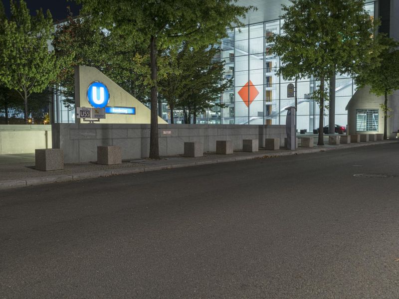 Urban Design in City Thoroughfare with Large Building, Trees, and Road ...