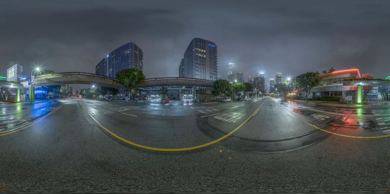 Wet City Street on a Rainy Night in Los Angeles HDRi Maps and Backplates